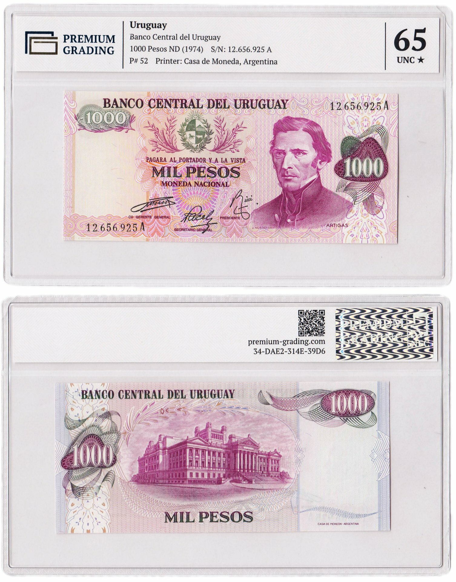 Уругвай 1000 песо 1974 в слабе PG UNC65