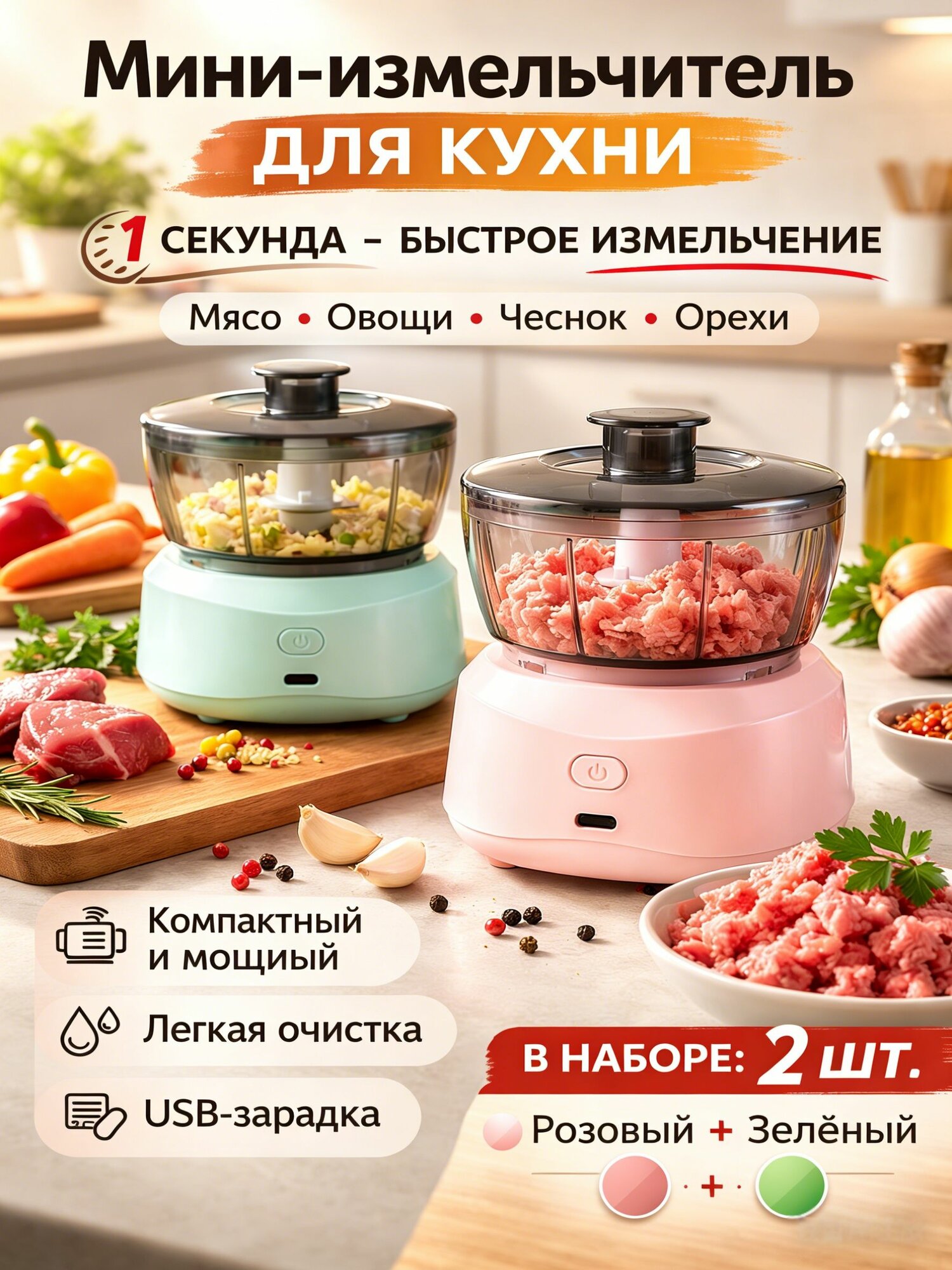 Мини измельчитель электрический для кухни, USB, многофункциональный, для мяса и овощей, набор 2 шт, розовый + зелёный