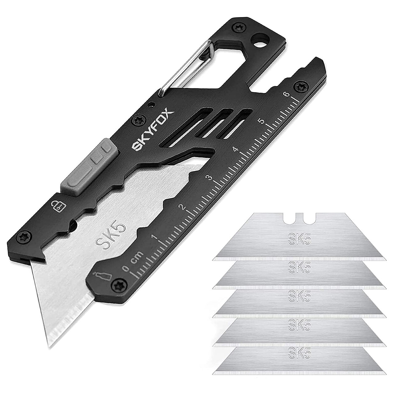Инструмент EDC Utility Knife, мультиинструмент 7-в-1 с карабином, нож для коробок с бутылковым отворотчиком, регулируемым гаечником, 5 запасными лезвиями, линейкой для офиса и кемпинга от SkyFox