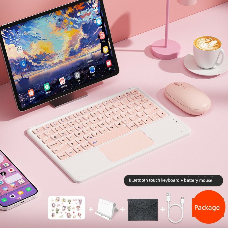 Беспроводная Bluetooth-клавиатура и мышь с сенсорным экраном для iPad, Apple и Huawei планшетов, цвет розовый, с