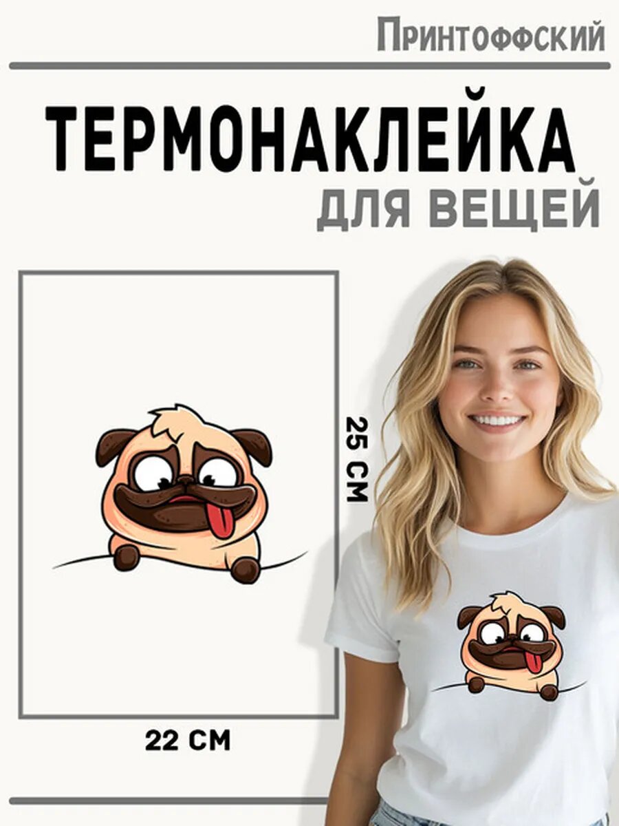 Термонаклейка для одежды и аксессуаров DTF-печать собака мопс — фото 1