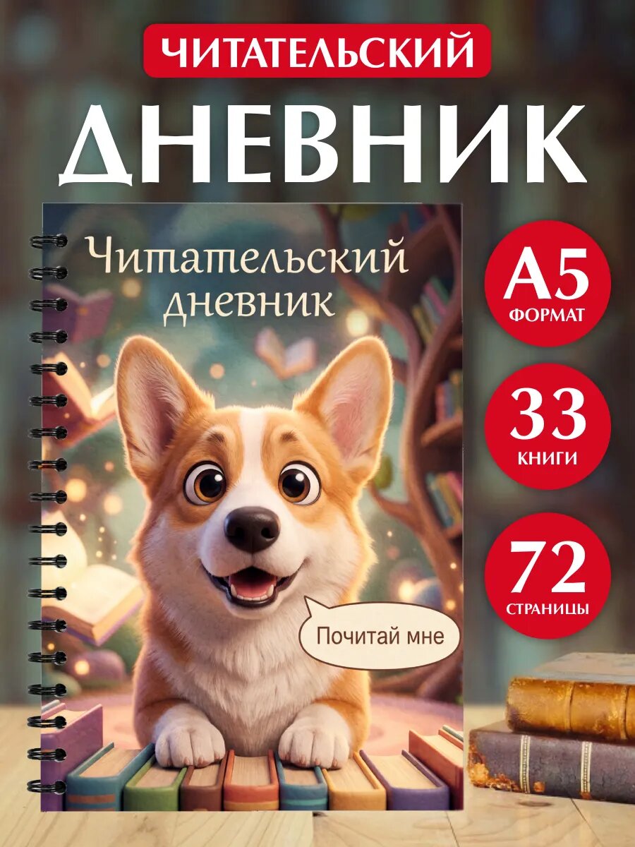 Читательский дневник для девочек, мальчиков и взрослых "Корги", рассчитан на 33 Книги