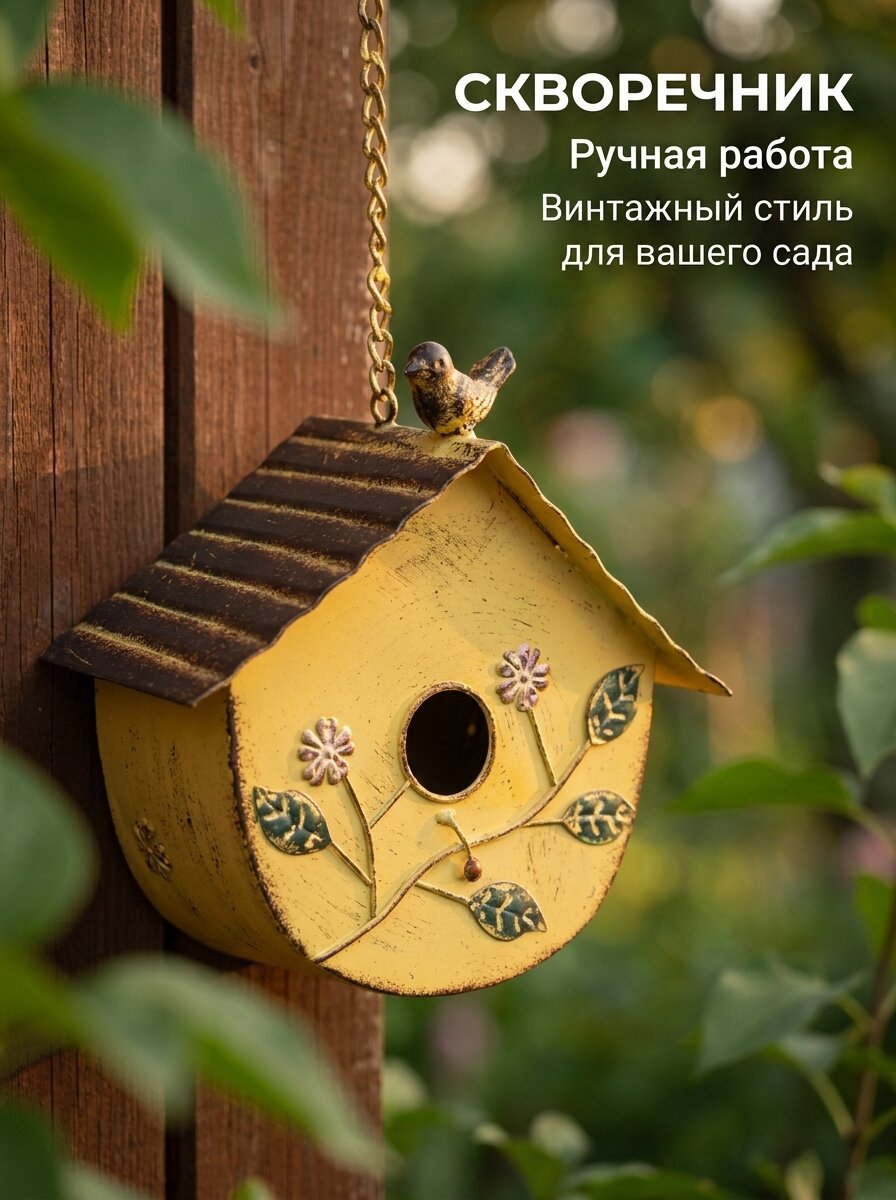 Жёлтый скворечник: уличная металлическая кормушка для птиц, ретро стиль, 2 в 1 — гнездо+кормушка, для сада и дачи