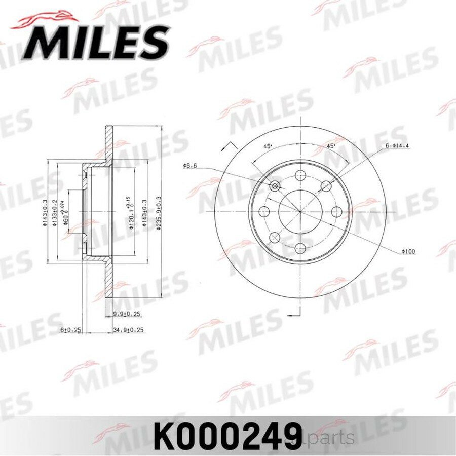 MILES K000249 Диск тормозной передний (4 отверстия !) OPEL ASTRA H 1.6 04-/CORSA 82-93/KADETT 79-91 D=236x10 ( I