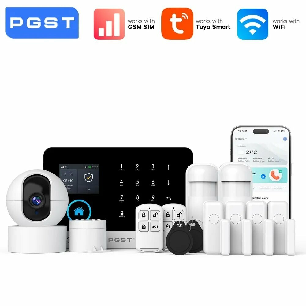 Сигнализация для квартиры PGST WiFi 4G GSM Tuya с IP-камерой 1080P и датчиком движения, голосовое управление Alexa Google Home