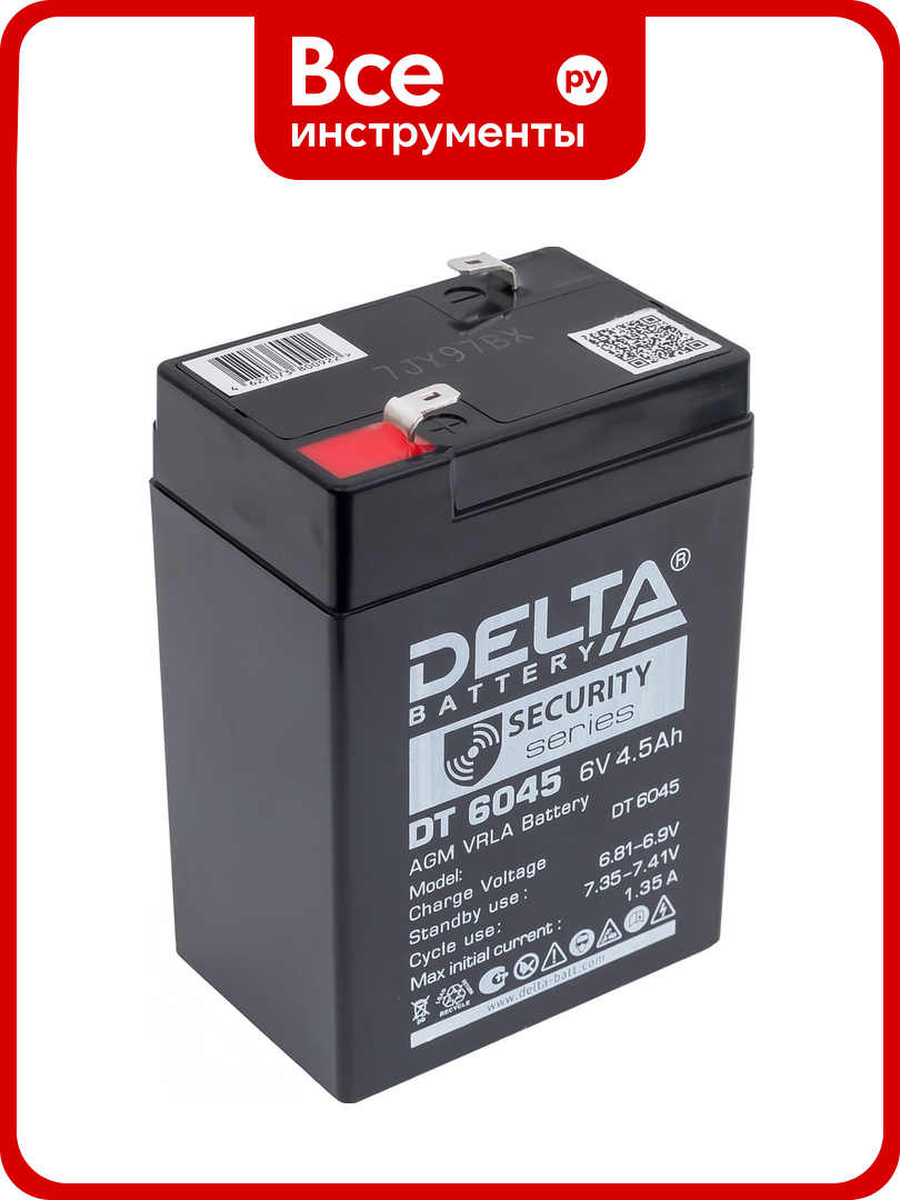 Батарея аккумуляторная Delta DT 6045, пластик, из огнеупорного пластика ABS прямая полярность технология