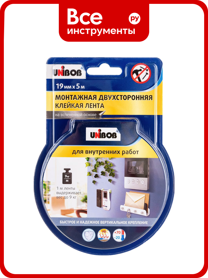 Двусторонняя клейкая лента для внутренних работ UNIBOB 19 мм х 5 м, 134853, из вспененного полиэтилена, с акриловым клеем