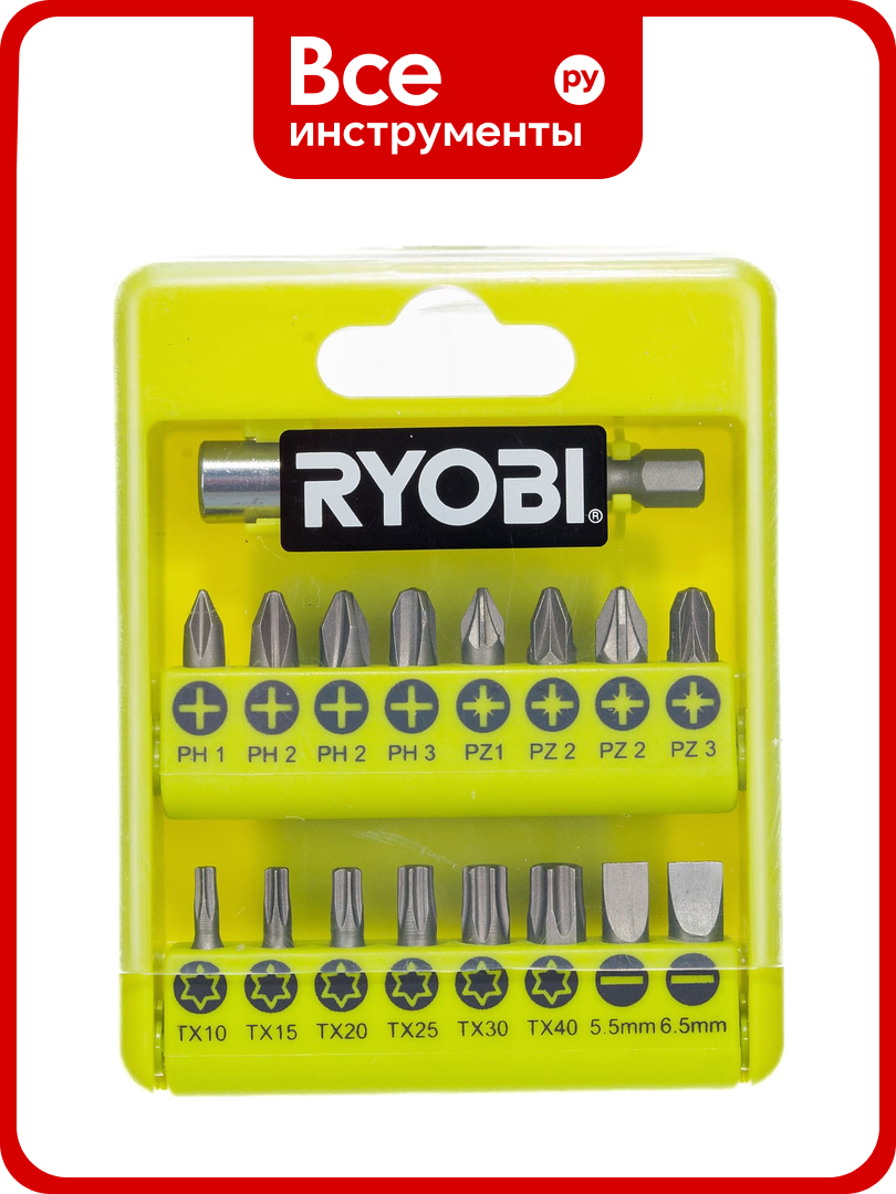 Набор бит 17 шт. Ryobi RAK17SD 5132002550, пластик, с шуруповертом, стальные односторонние биты, фирменный держатель