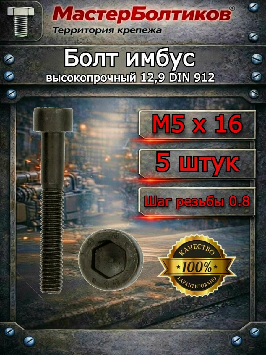 Болт имбус 5х16 высокопрочный кл.12,9 DIN 912 "МастерБолтиков" (5 шт)
