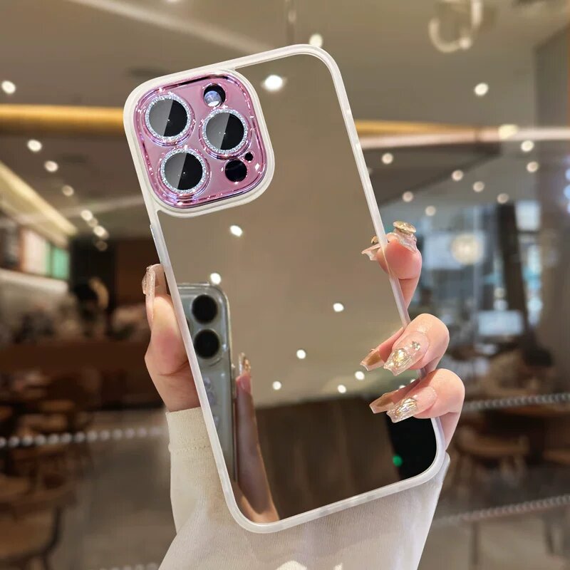 Чехол для iPhone 16 Plus розовый с зеркалом и встроенной защитной пленкой