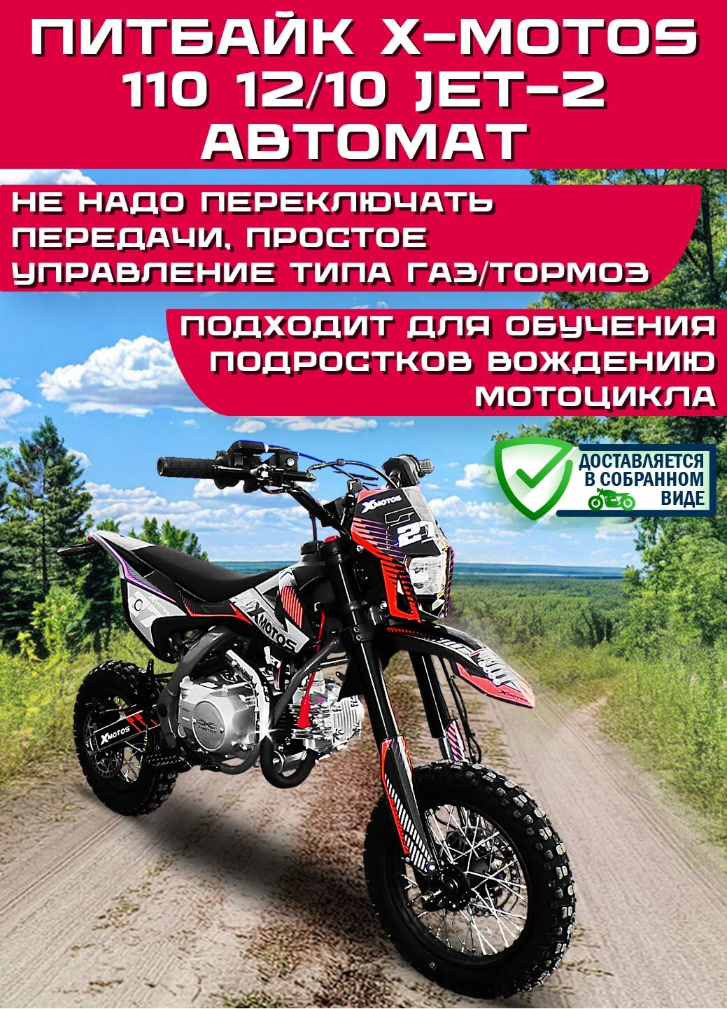 Питбайк кроссовый X-MOTOS 110 12/10 JET-2 автомат, дисковые тормоза, электростартер
