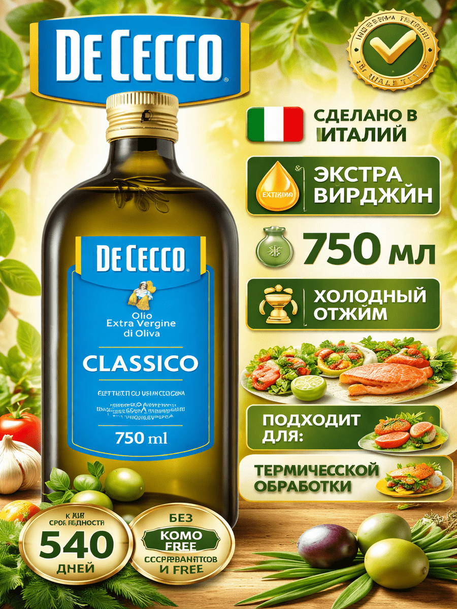 Масло оливковое De Cecco Classico Extra Virgin нерафинированное, 750мл