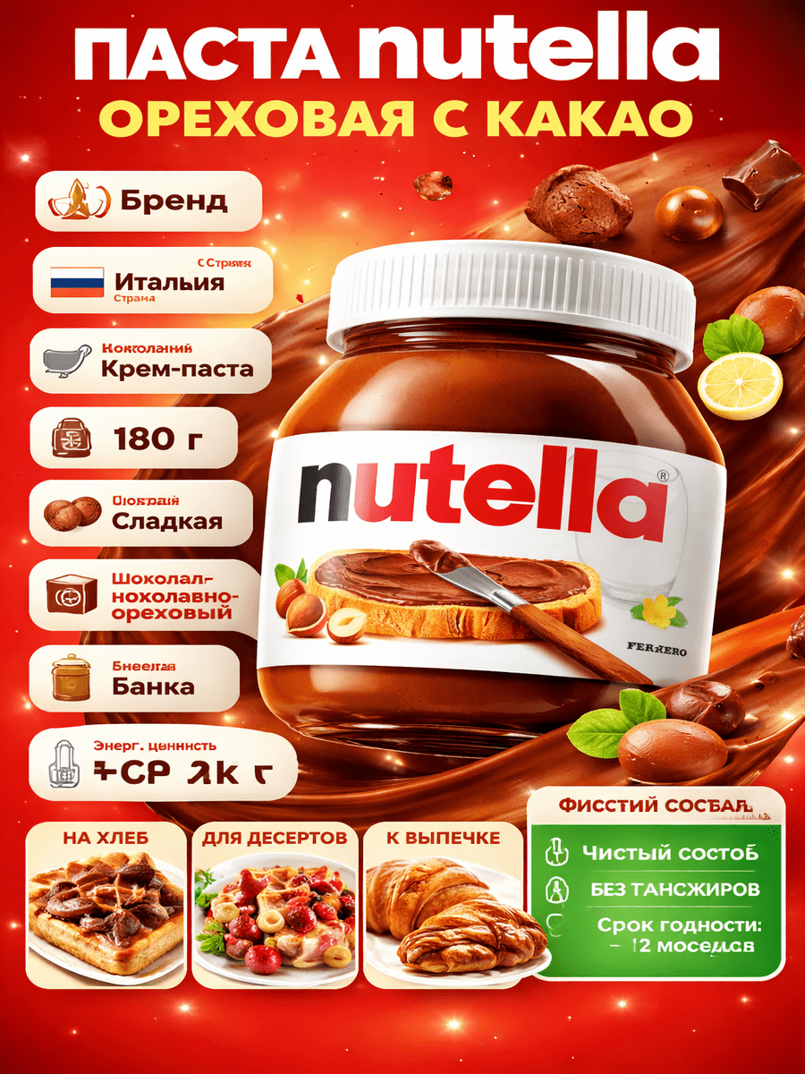 Паста Nutella ореховая с добавлением какао, 180г