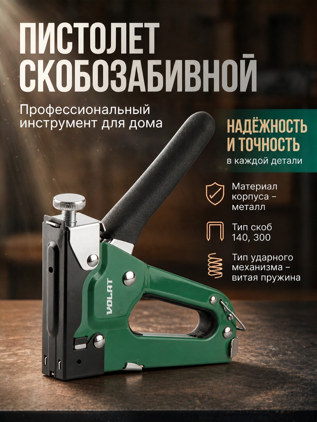 Степлер строительный волат, пистолет скобозабивной тип скоб 140, 28, 300 (38030-14)