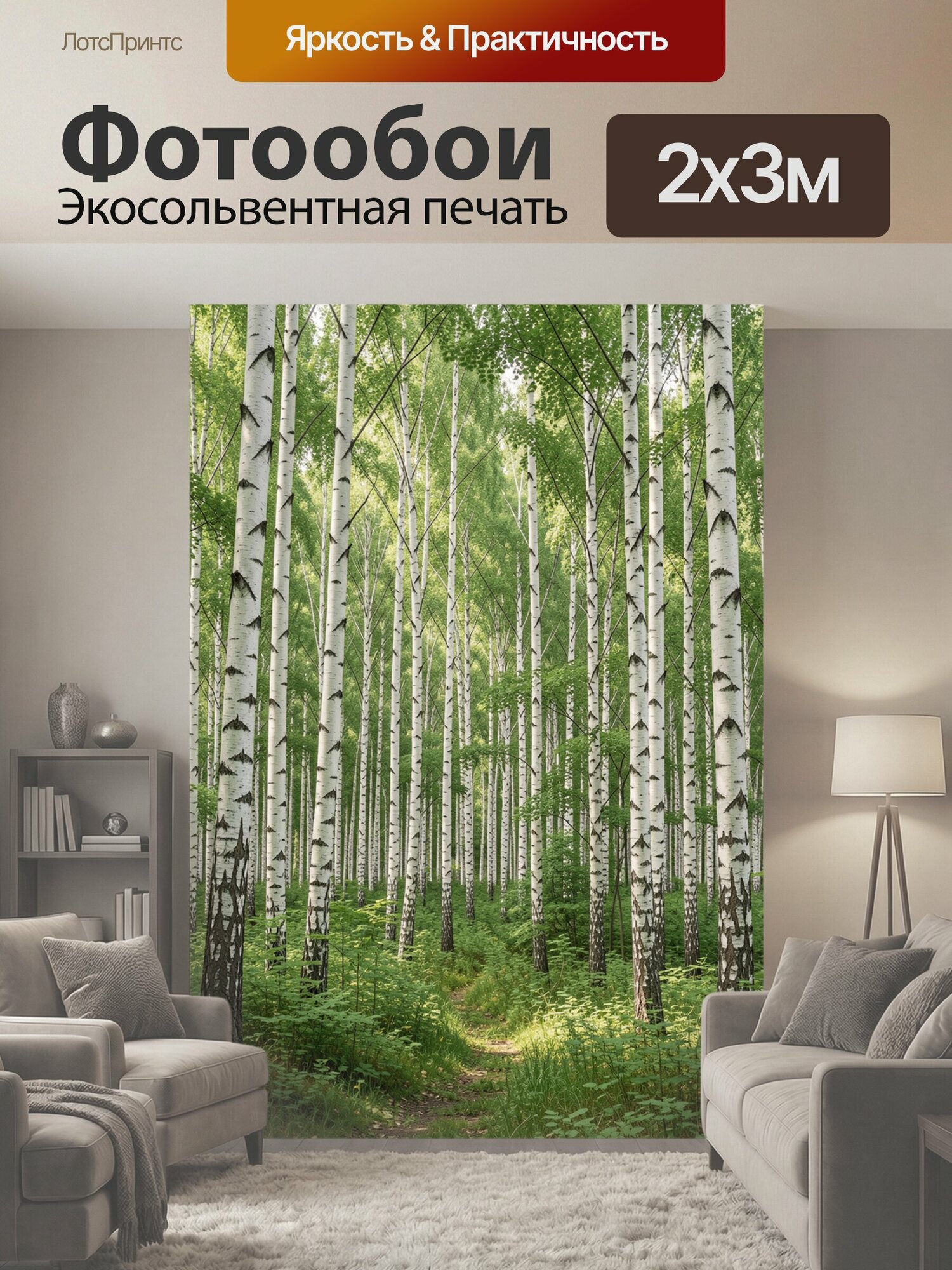 Фотообои "Берёзовый лес с тропинкой. Светлая роща с высокими белоствольными деревьями, густой зеленью и узкой лесной дорожкой. Натуральная." 200x300 см. экосольвентная печать