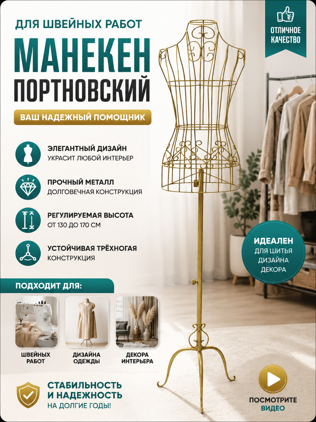 Женский манекен из железа, торс для демонстрации одежды, золотистый