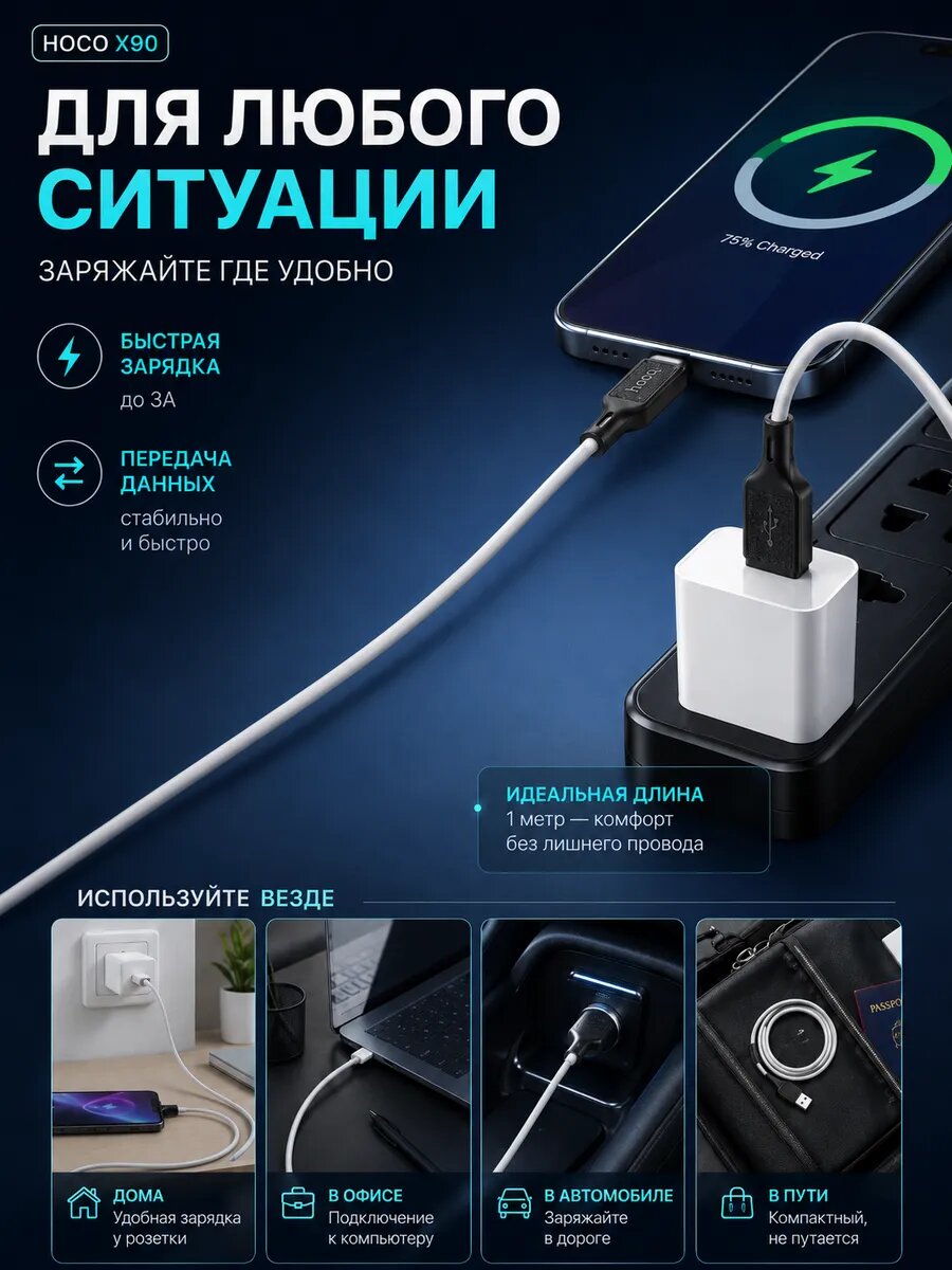 Кабель USB HOCO "X90 Cool", Type-C, быстрая зарядка, огнестойкий, 1 м — фото 1
