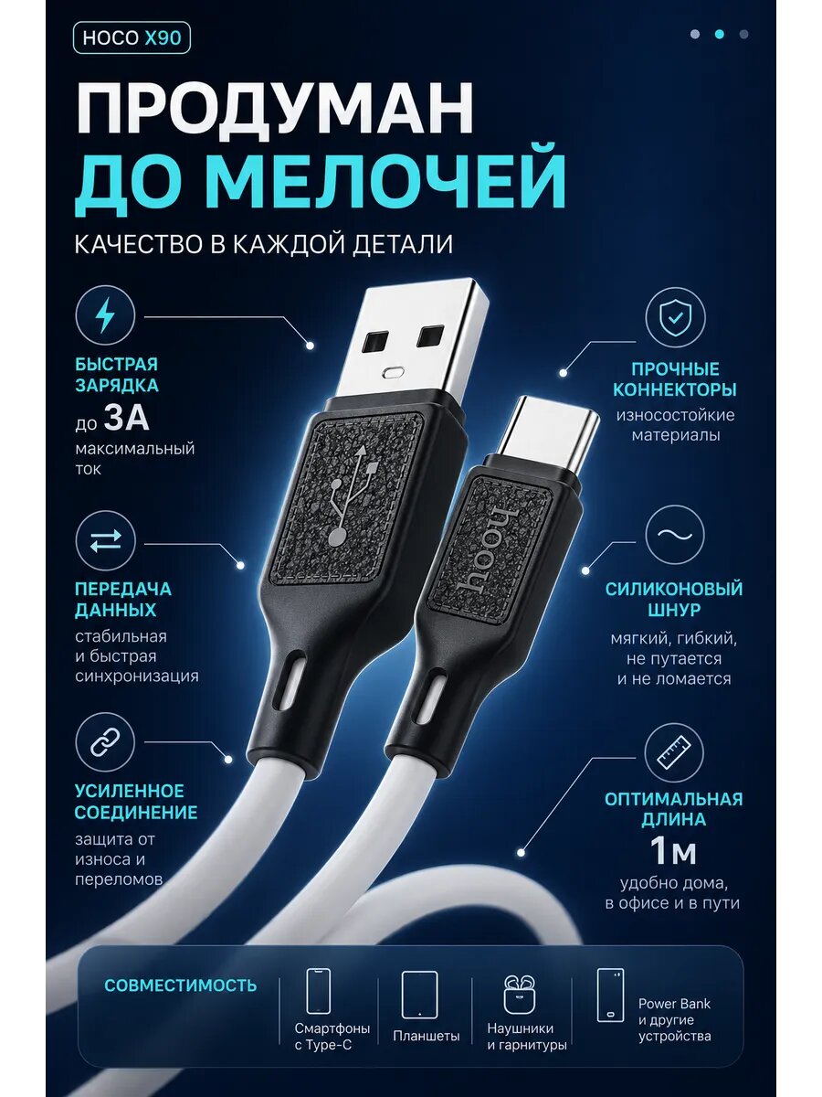 Кабель USB HOCO "X90 Cool", Type-C, быстрая зарядка, огнестойкий, 1 м — фото 1