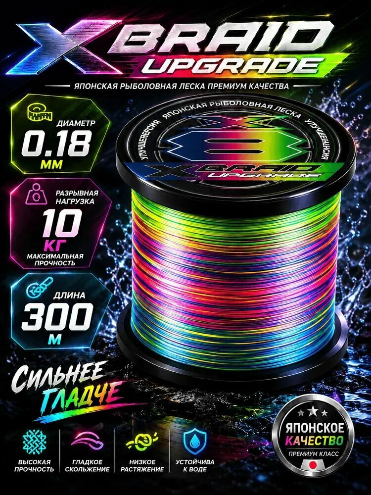 Плетёный шнур X8 300м 0.18мм 10кг PE, многоцветная рыболовная леска для спиннинга, 8-жильная плетенка, дальний заброс, высокая прочность