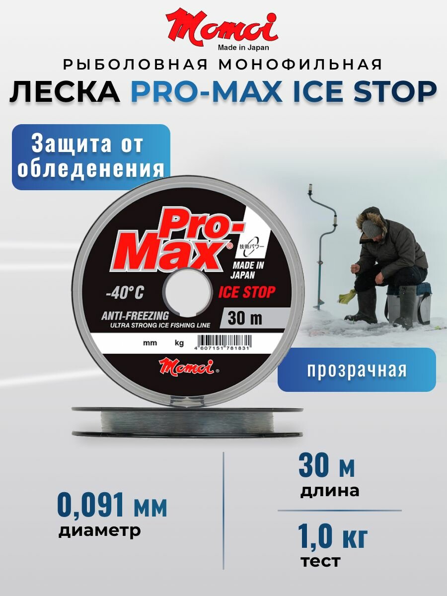 Зимняя леска для рыбалки Momoi Pro-Max Ice Stop 0,091 мм, 1,0 кг, 30 м, на спиннинг мормышинг, прозрачная 1 шт