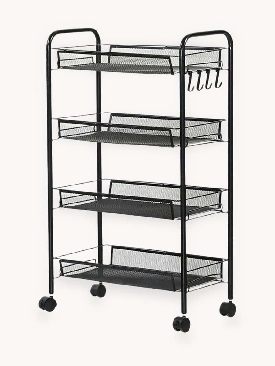 Этажерка RIDBERG, 4 яруса, напольная, на колесах, металл, черная