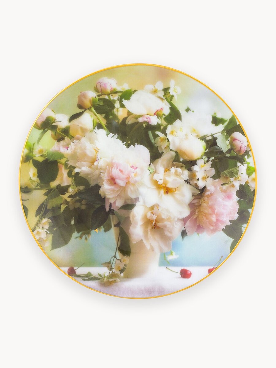 Тарелка декоративная 20х20х2 см Elan Gallery Букет пионов с крючком и подставкой