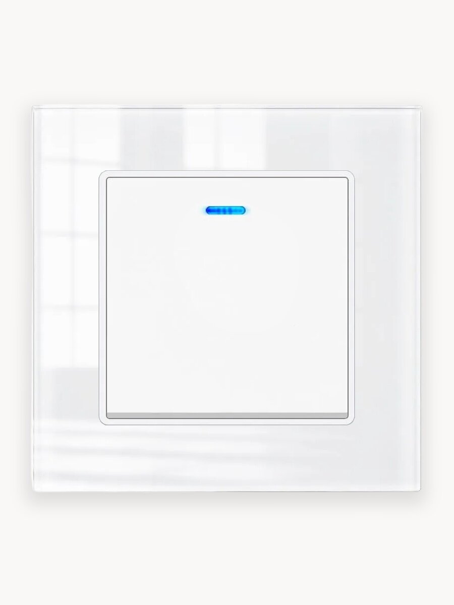Выключатель одноклавишный с подсветкой, рамка из закаленного стекла, белый