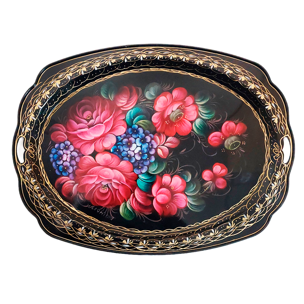 Поднос металлический, овальный "Радужные пионы", жостово 40 см, (Ручная роспись)