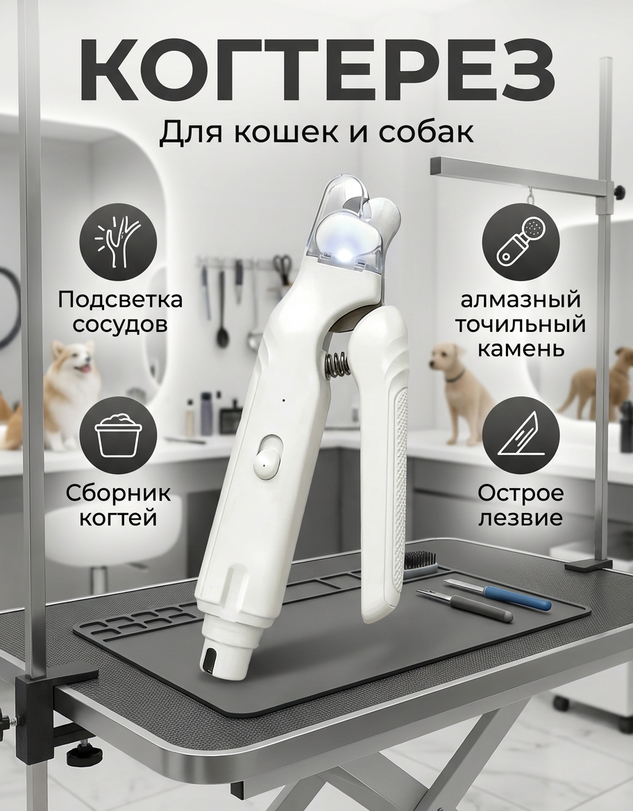 Когтерезка с подсветкой и контейнером для кошек и мелких-средних собак с ограничителем длины реза