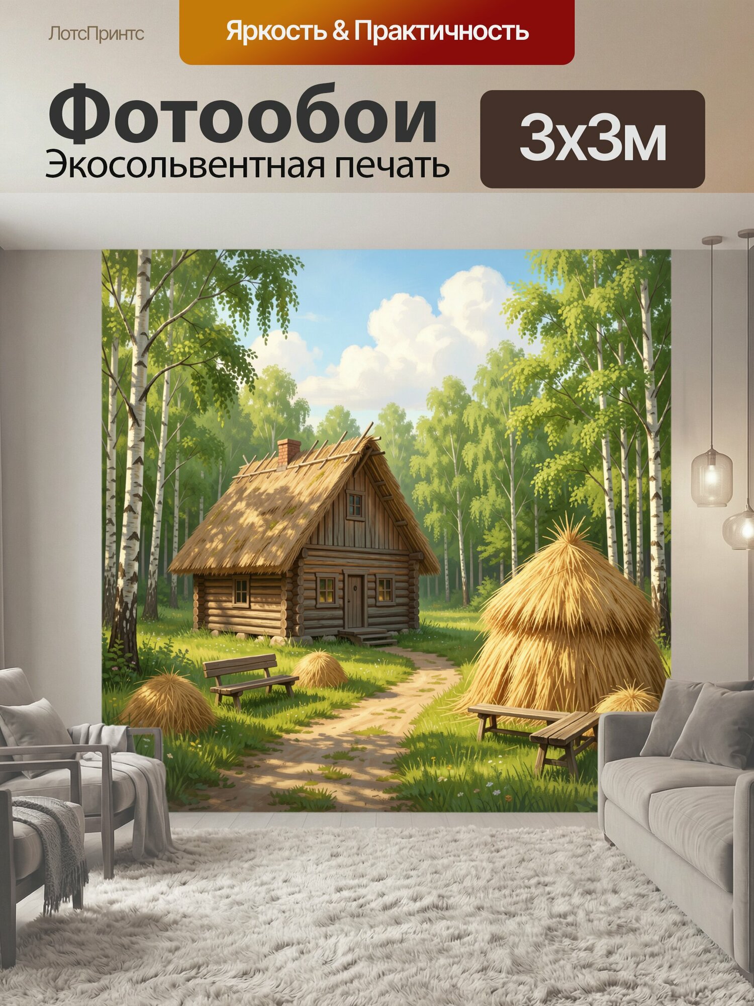 Фотообои "Лесная избушка у тропинки. Солнечная деревенская сцена среди березового леса: бревенчатый домик с соломенной крышей, стога сена." 300x300 см. экосольвентная печать