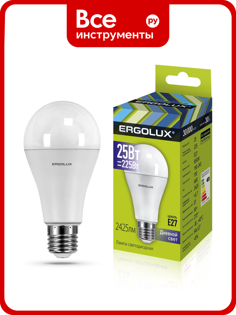 Светодиодная лампа Ergolux LED-A65-25W-E27-6K ЛОН, энергосберегающая, холодный белый свет, длительный срок службы