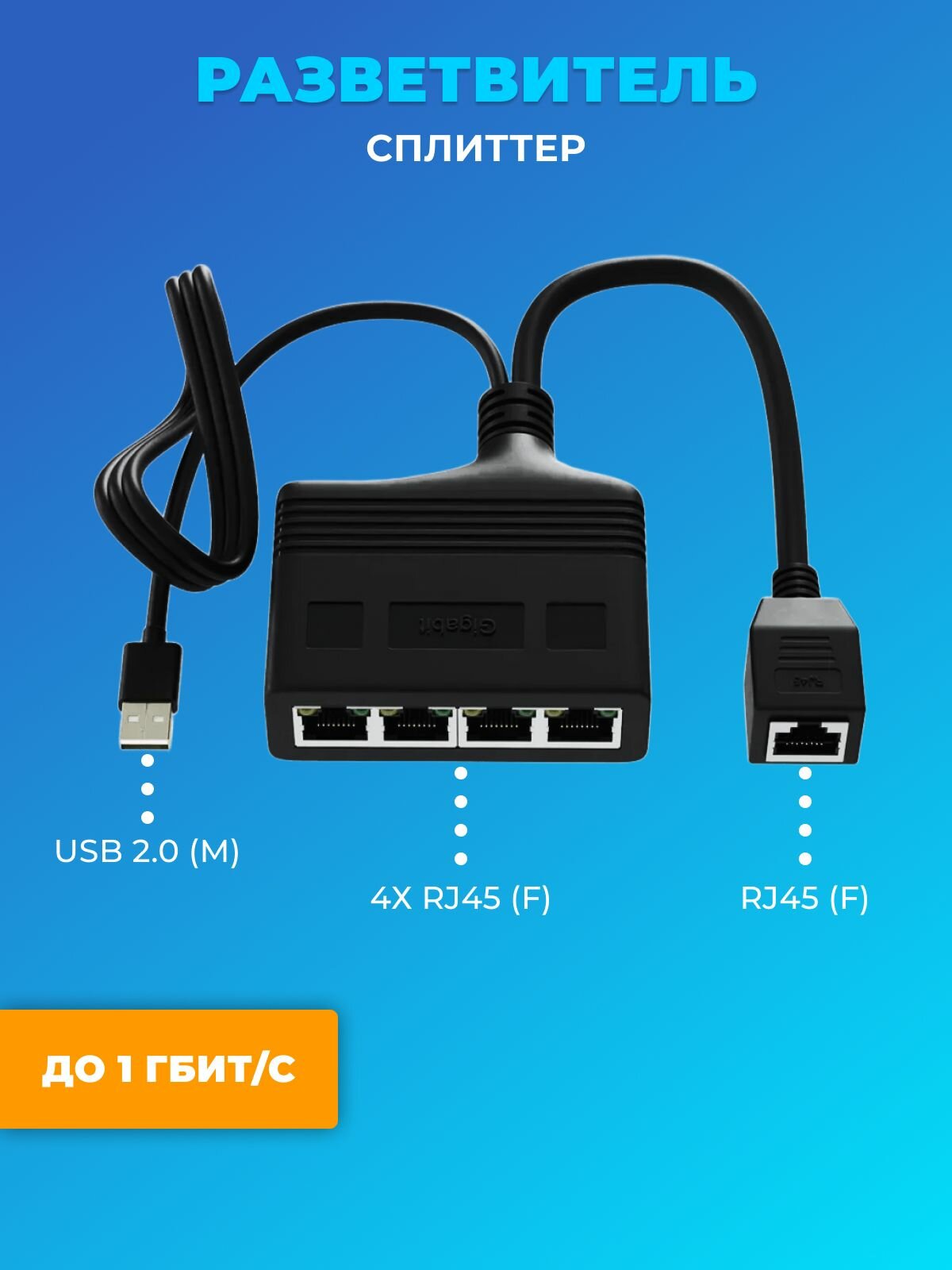 Активный разветвитель сетевого кабеля RJ45 - 4х RJ45 с USB питанием GSMIN RA-08 сплиттер интернет для LAN кабеля 1000 Мбит/с (Черный)