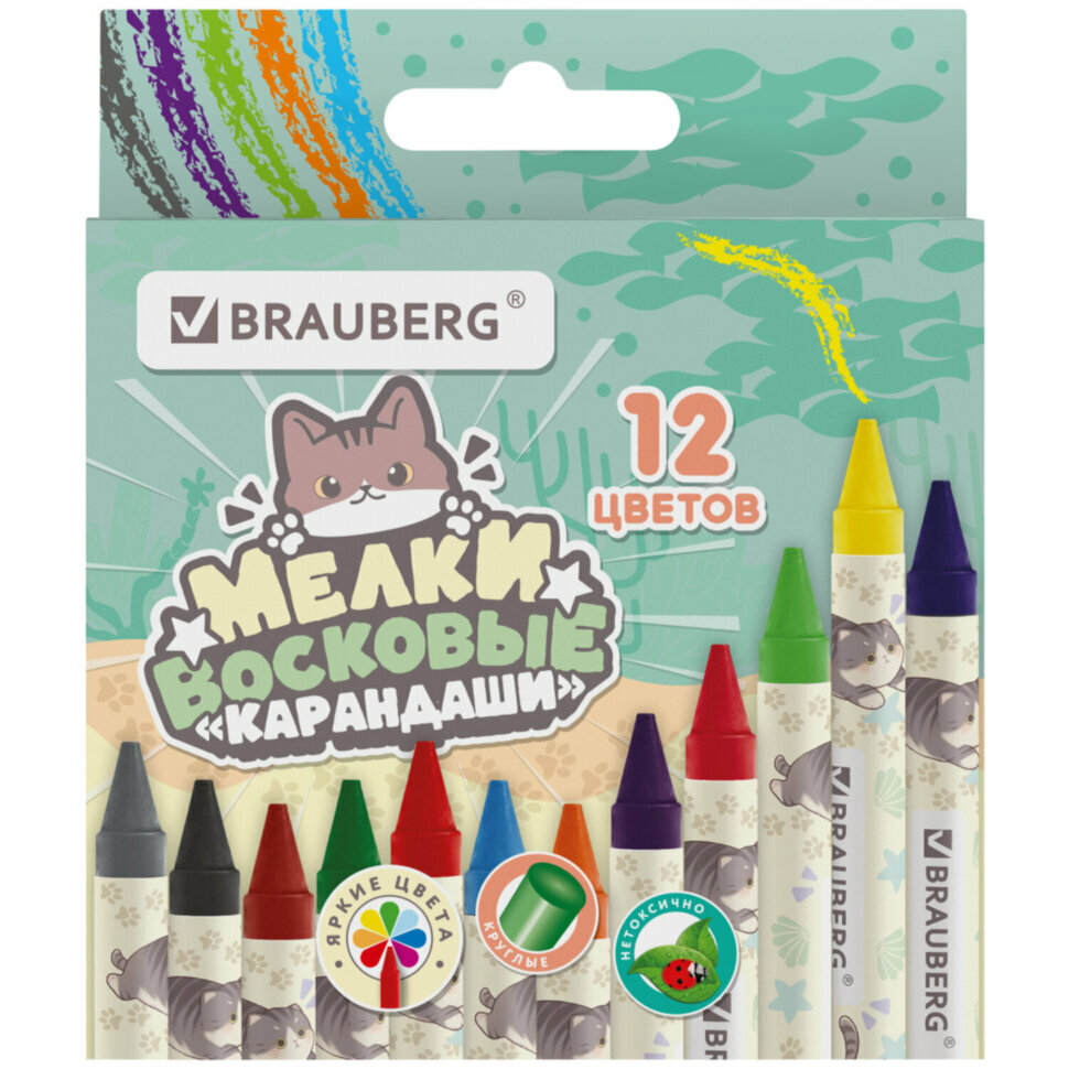 Восковые мелки BRAUBERG "милые коты", набор 12 цветов, 273229, 273229