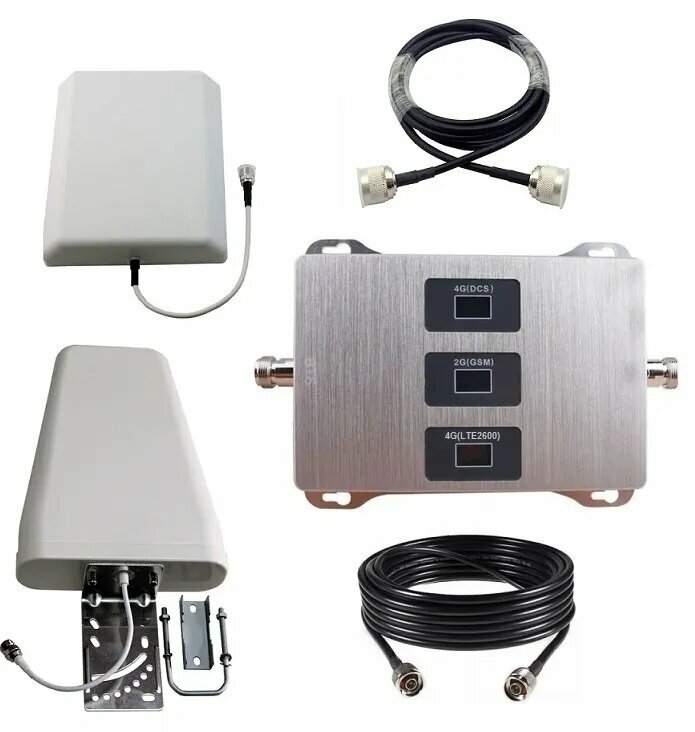 Усилитель репитер сотовой связи и интернета 2G GSM DCS 3G 4G LTE (900/1800/2600МГц) до 300 квадратов с экраном (трехчастотный комплект две антенны+два кабеля)
