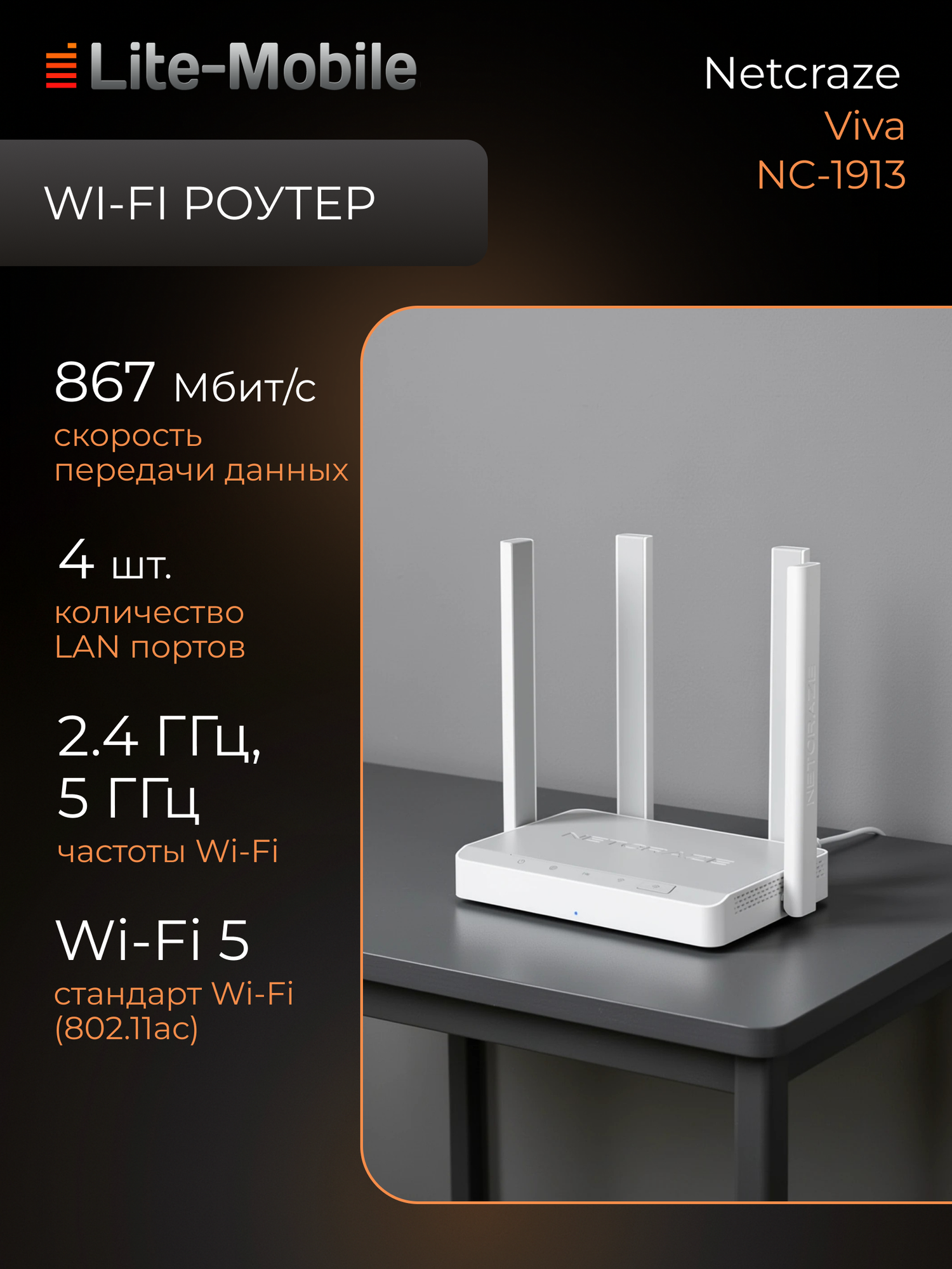 Wi-Fi роутер Netcraze Viva NC-1913, двухдиапазонный, Mesh, белый