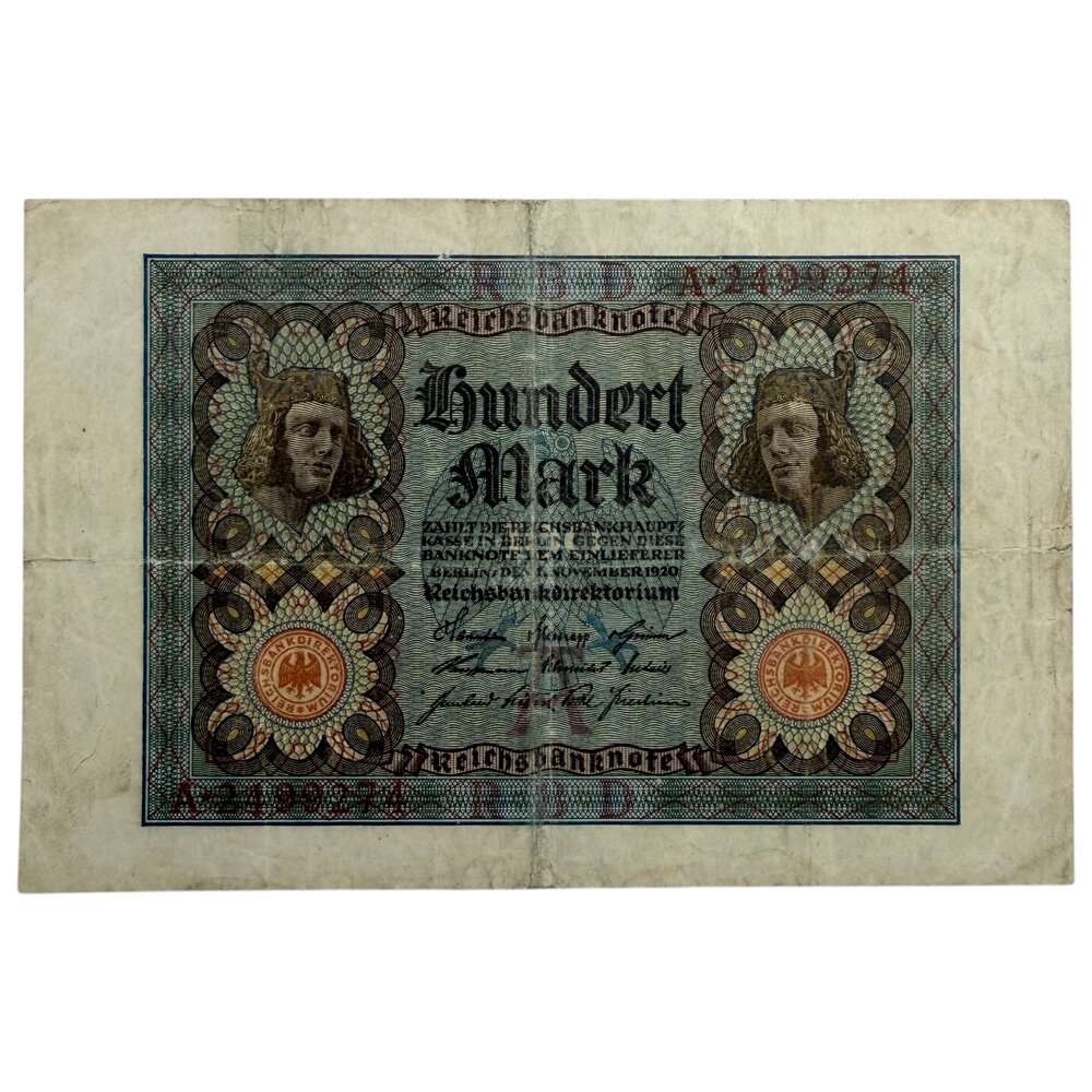 Веймарская республика (Германия) 100 марок 1920 г. (Литера A) (Серия A) (7-значный номер)