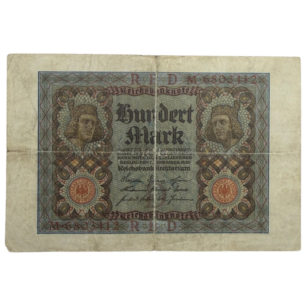 Веймарская республика (Германия) 100 марок 1920 г. (Литера D) (Серия M) (7-значный номер)