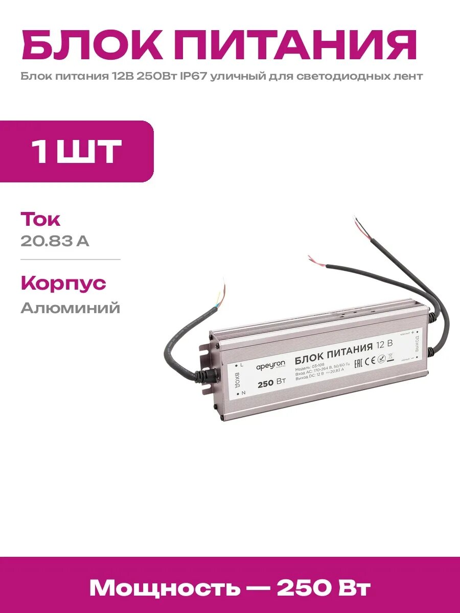Блок питания 12В 250Вт пылевлагозащищенный для подсветки LED