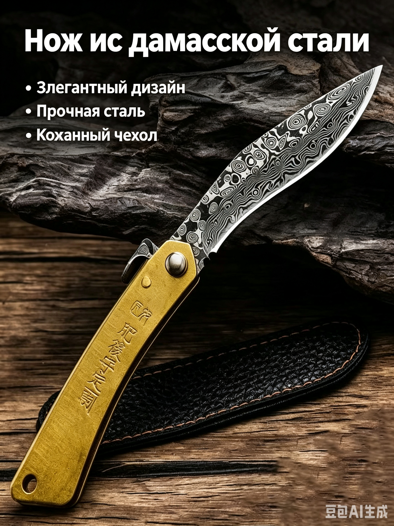 Складной нож Хигонами, клинок дамасская сталь, латунная рукоять, кожаный чехол, компактный EDC для