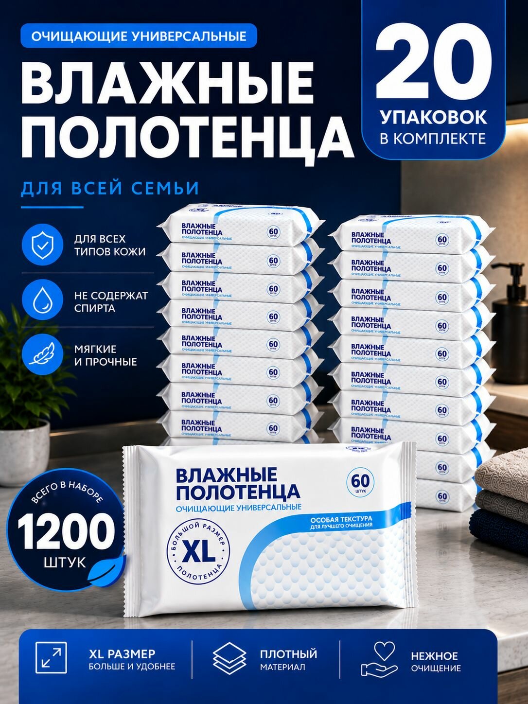 Влажные полотенца XL 20х60 шт ( 1200 шт ) большие влажные салфетки для взрослых и детей, для лежачих больных, ухода за телом и уборки, без спирта