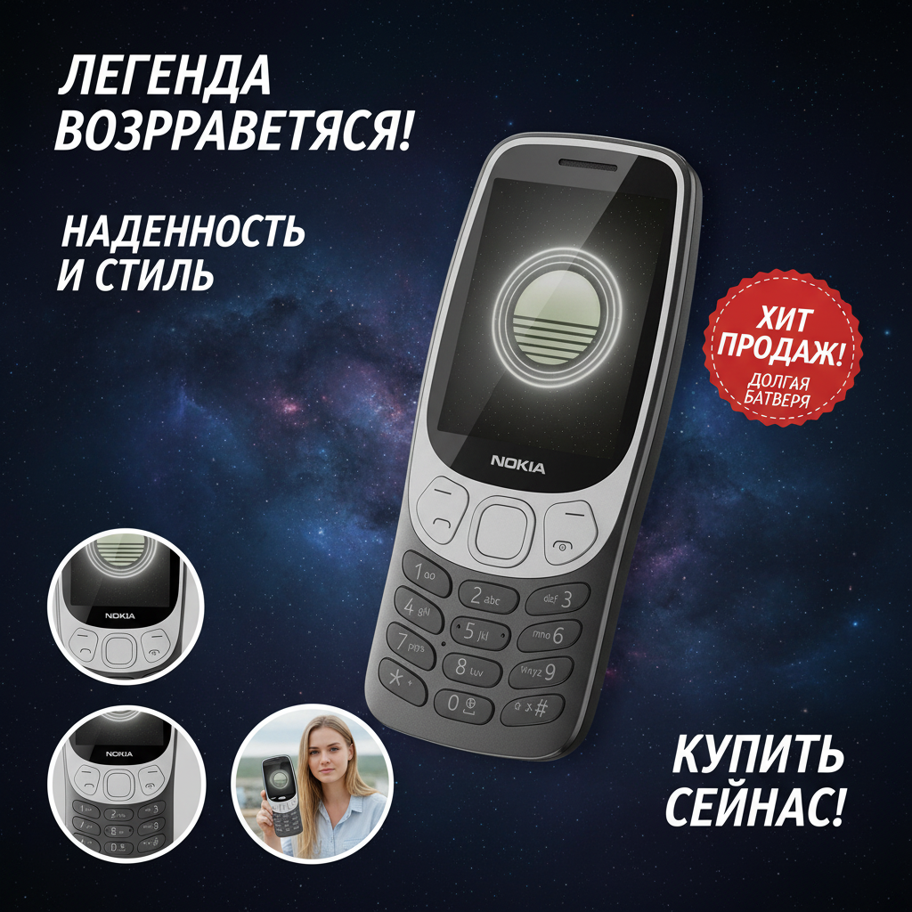 Кнопочный телефон NOKIA 3210 4G, Dual Sim, EAC, черный (TA-1618)