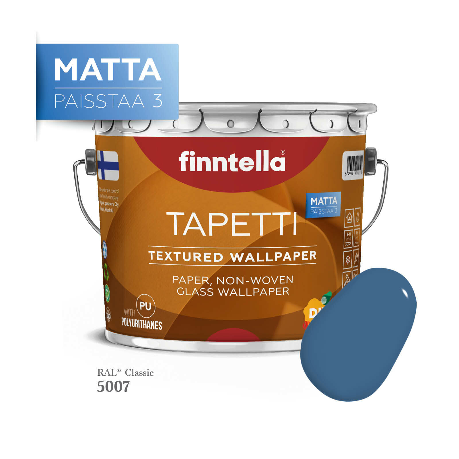 Матовая краска для обоев под окраску TAPETTI Matta FINNTELLA, Цвет RAL 5007 Бриллиантово-синий (Brilliant blue), 2,7л
