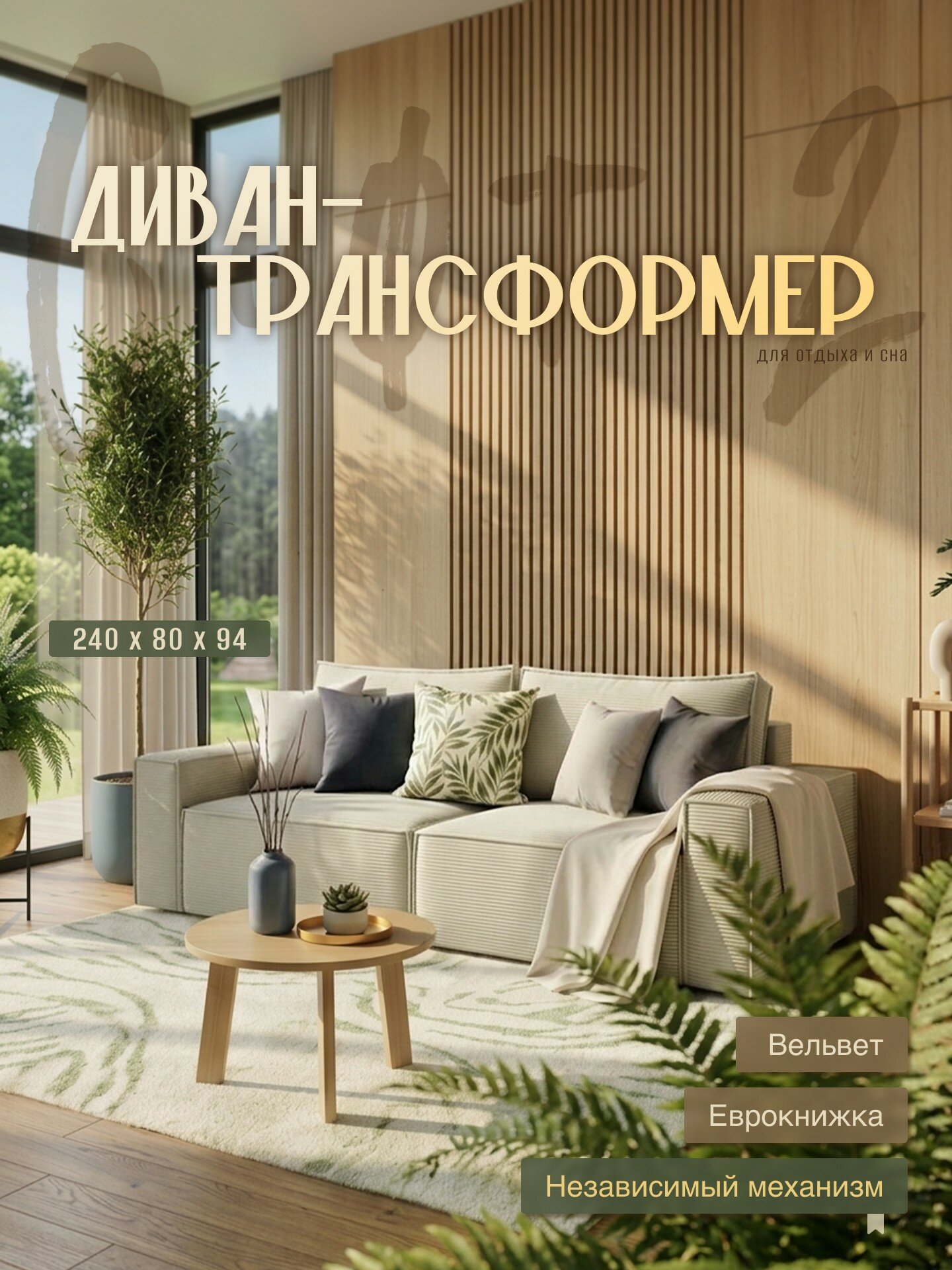 Диван Софт 2 Cilium Bone GF 240x94x80 см, белый Вельвет, еврокнижка GOODFORM