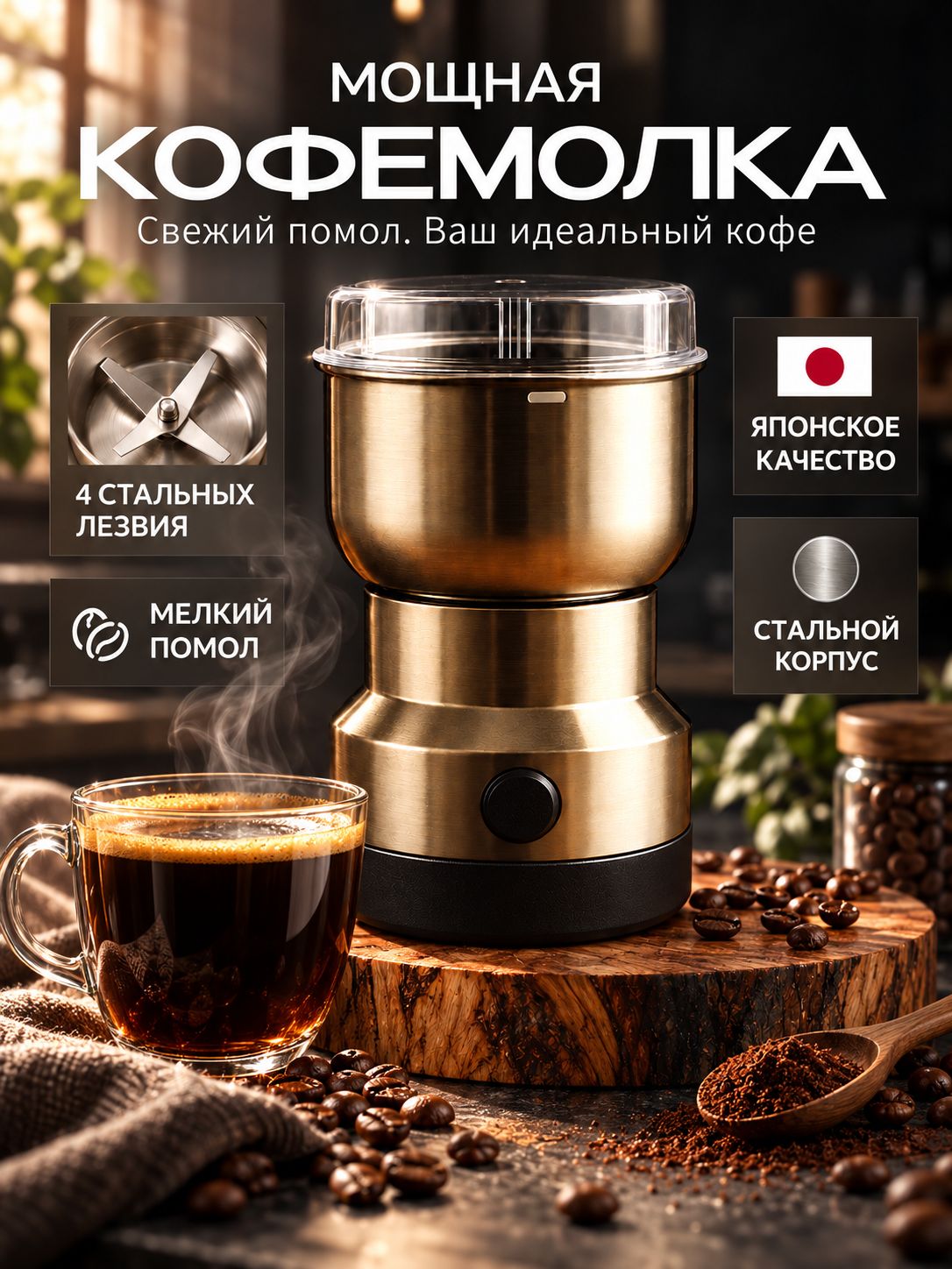 Кофемолка электрическая мощная для кофе и специй, электрокофемолка