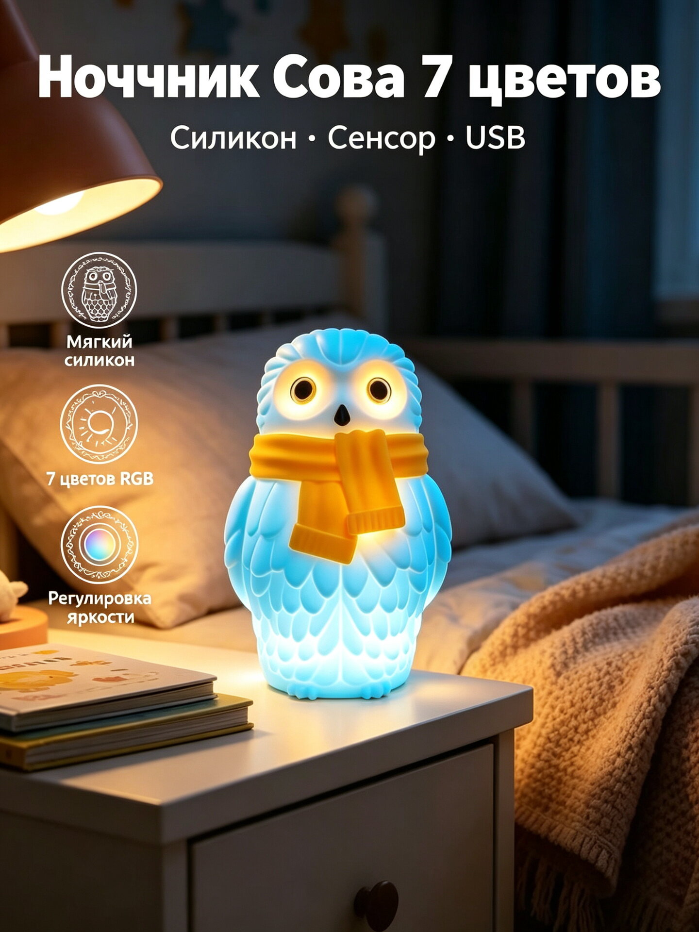 Ночник детский сова силиконовый, сенсорный, 7 цветов RGB, USB аккумулятор, Синий