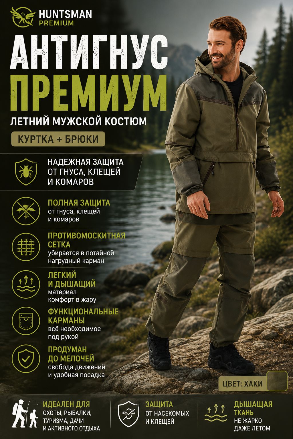 Костюм летний мужской Huntsman Антигнус-Премиум Хаки, противомоскитный, для охоты, рыбалки, туризма, защита от клещей и гнуса, р-р. 60-62/182-188