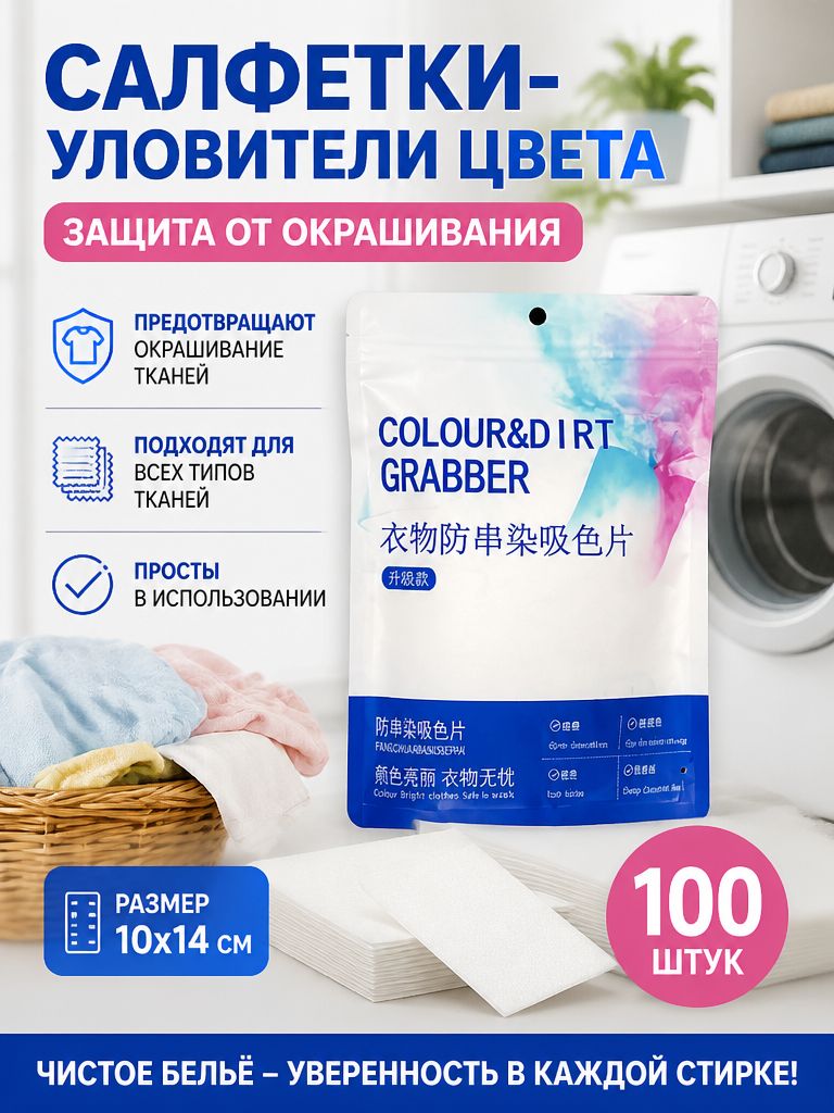 Салфетки для стирки против окрашивания белья и одежды, ловушки цвета, 100шт
