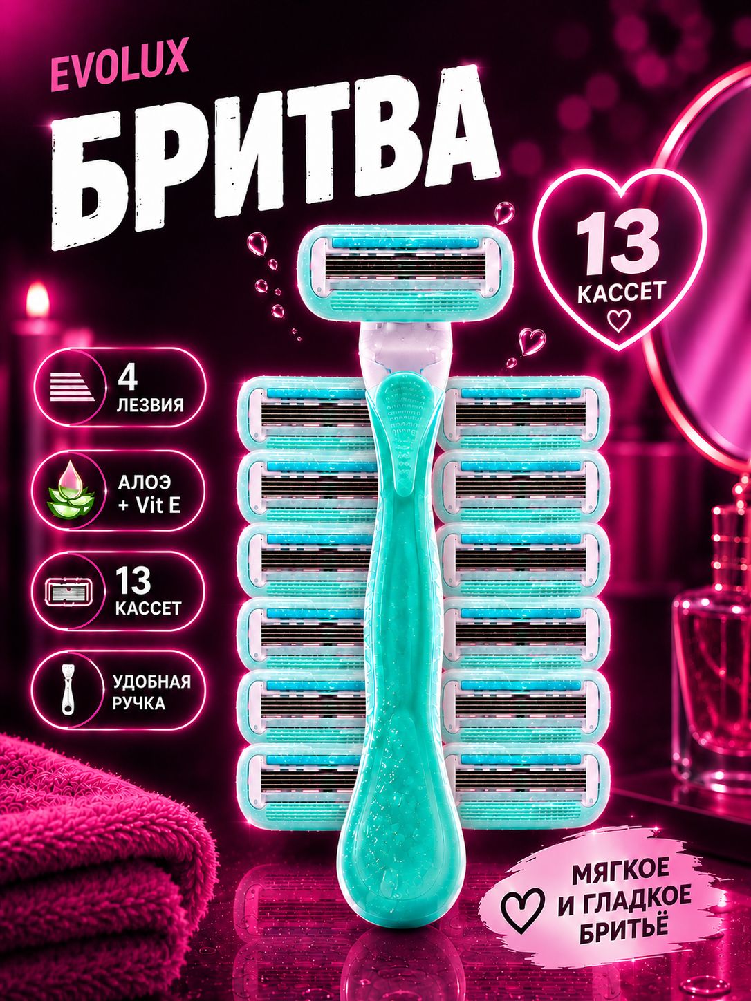 Бритва женская EVOLUX многоразовая / станок для бритья женский, 13 сменных кассет с 4 лезвиями, мятная