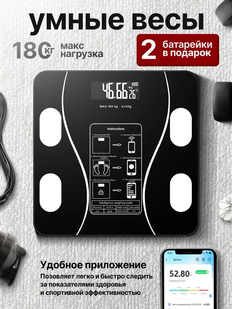 Весы напольные электронные, умные весы в комлпекте 2 батарейке