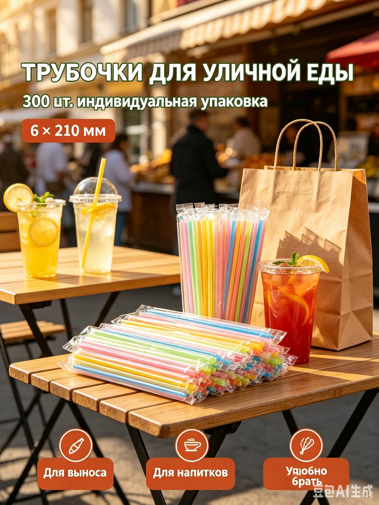 Трубочки для коктейлей 21 см 6 мм 300 шт пластик разноцветный